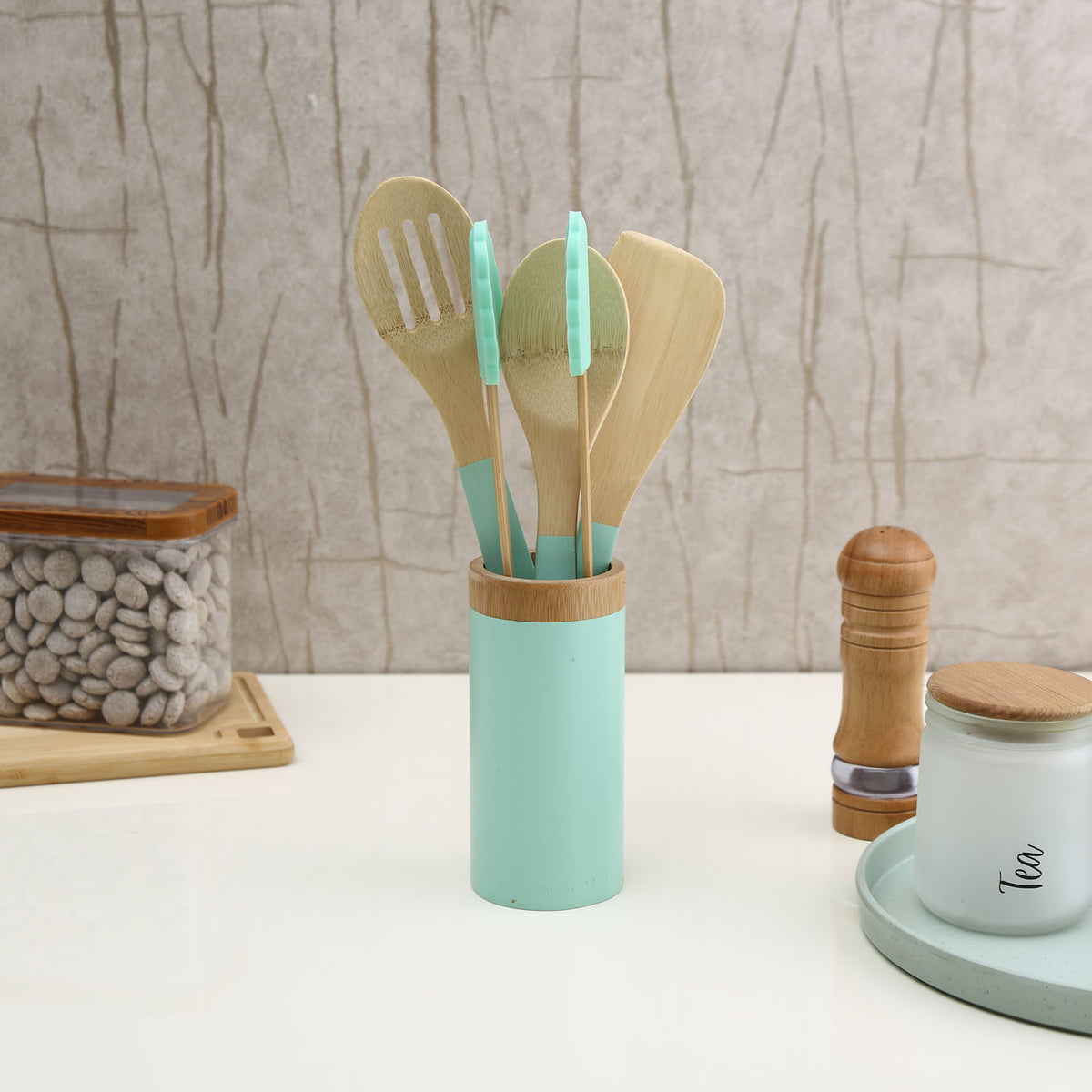 Bamboo Cooking Spoons Set with Holder (Brown & Blue) – Nilkamal Homes