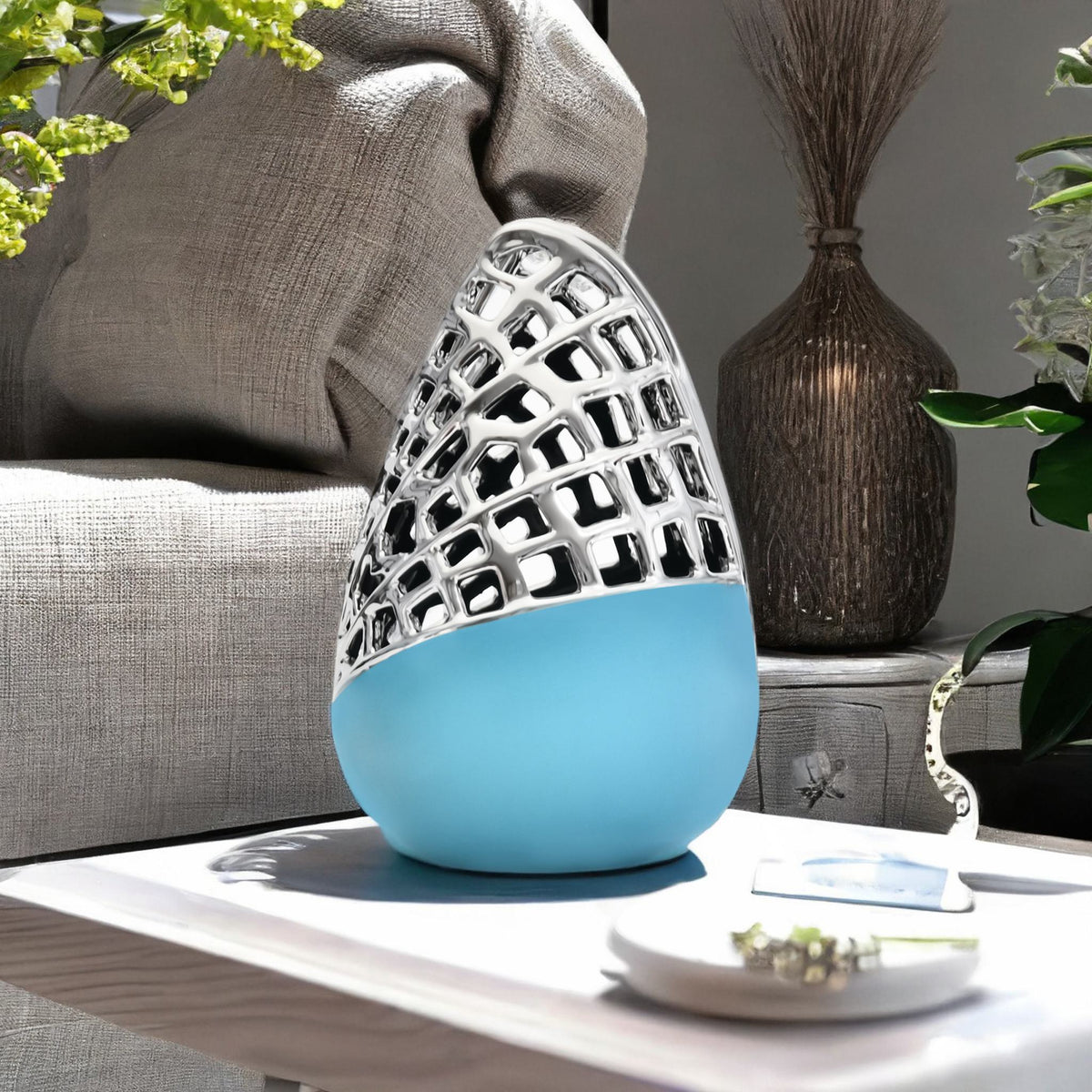 Buy Half Jaali Decorative Ceramic Vase (Seagreen & Silver) Online | Nilkamal Homes