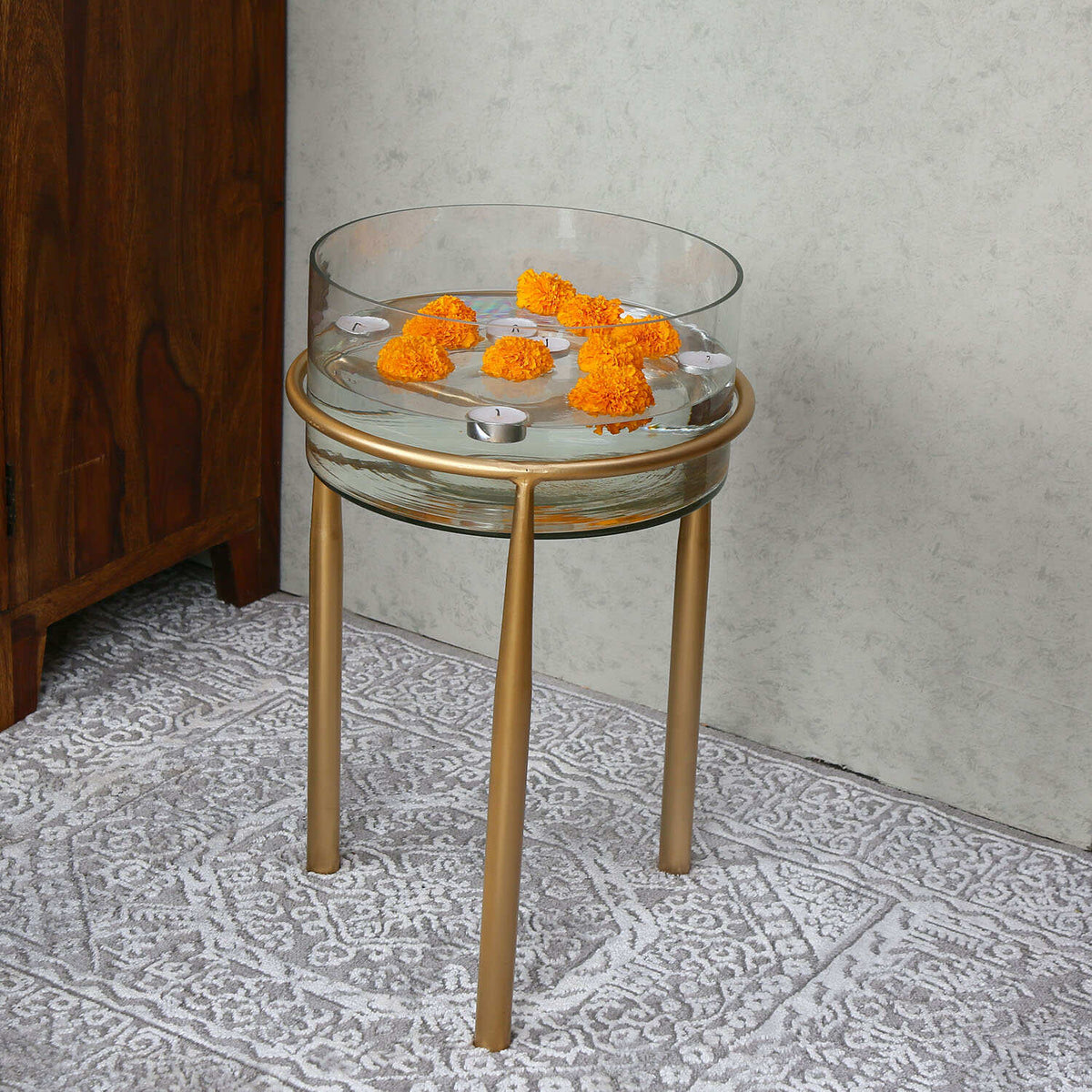 Decorative Iron & Glass Urli with Sleek Stand (Gold) – Nilkamal Homes