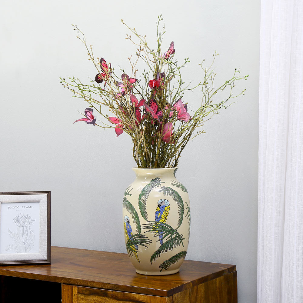 Bird and Leaf Oval Ceramic Vase (Large, Green & White) – Nilkamal Homes