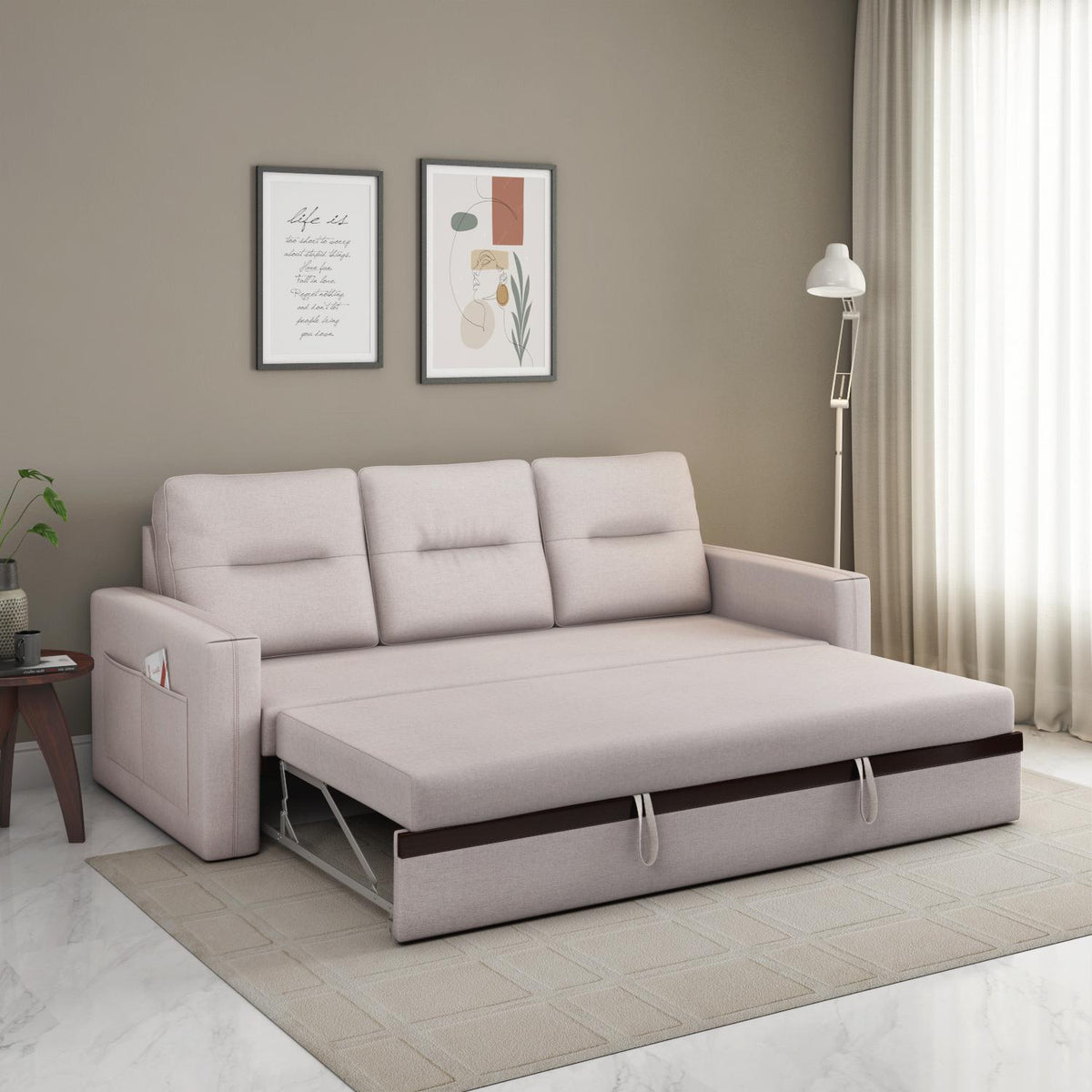 Buy Boxton Fabric 3 Seater Sofa Cum Bed With Side Pockets Light Brown ...