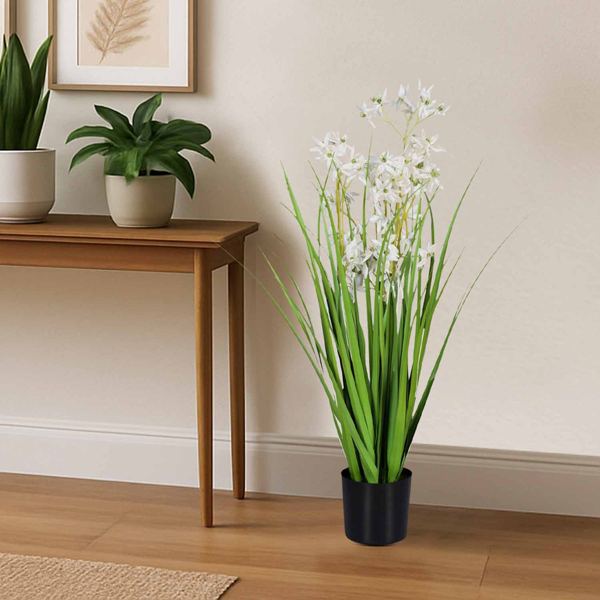 Allium Grass Artificial Plant with Pot (White) – Nilkamal Homes